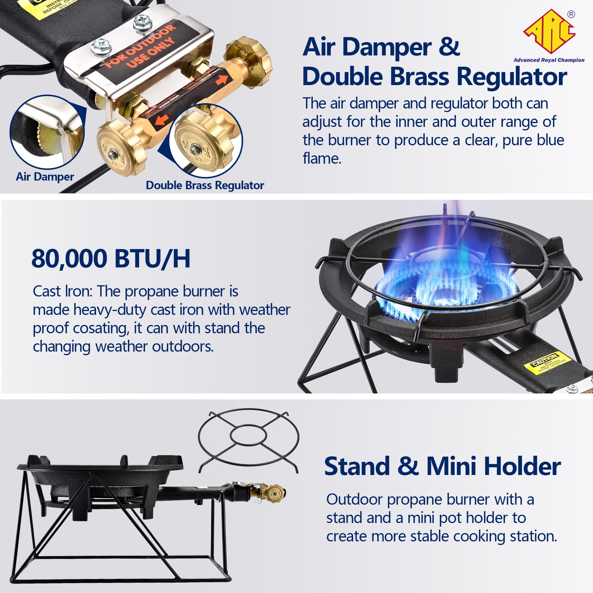 ARC Outdoor Propane Burner Stove, 13" Single Propane Burner, Cast Iron Portable Propane Burner With Sturdy Stand And 0-20 PSI Adjustable regulator Stainless Steel Hose,Perfect For Outdoor Wok Burner