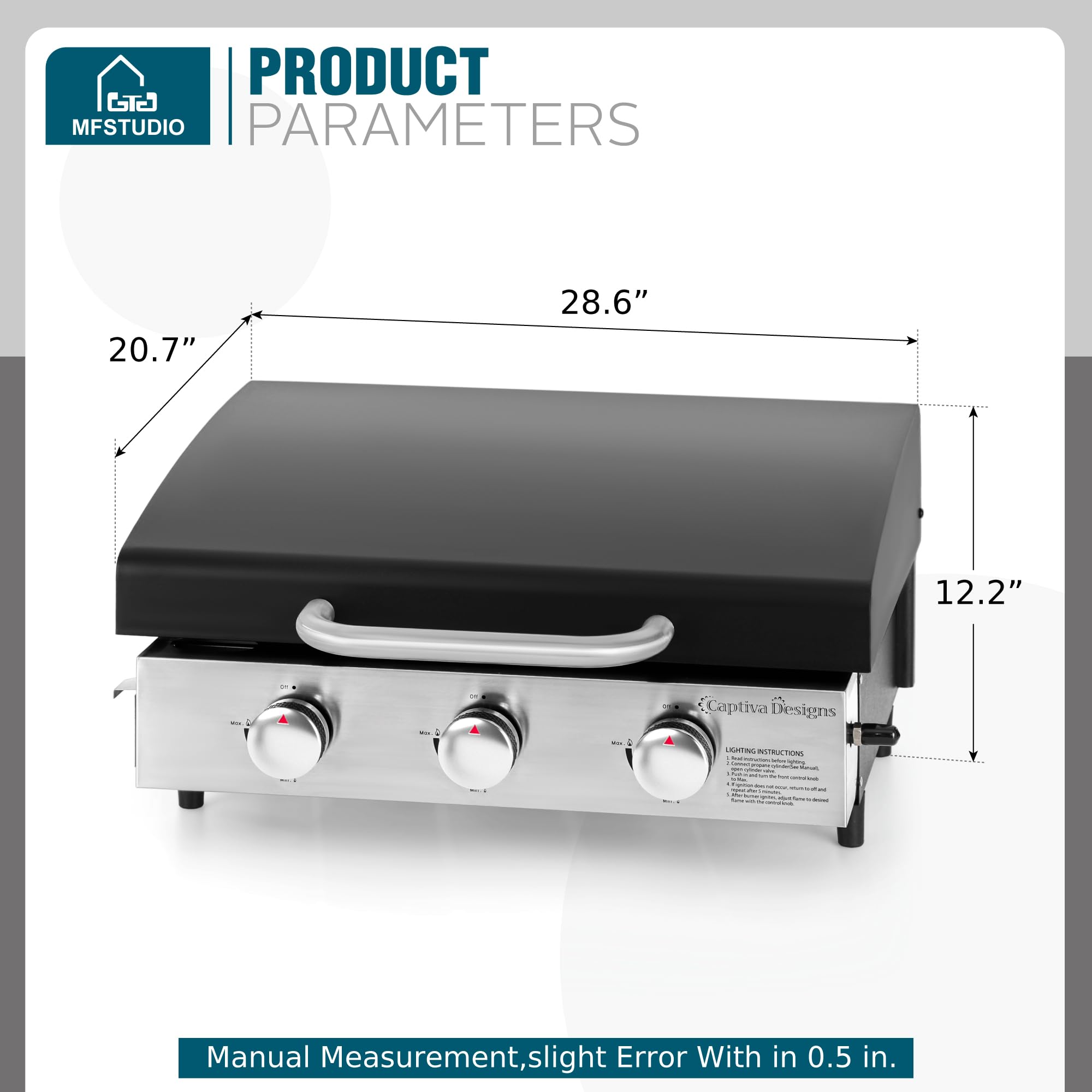 MFSTUDIO Portable Table Top Gas Griddle, 3 Burners Ceramic Flat Top Propane BBQ Grill for Outdoor Camping, Kitchen, Tailgating, 24000 BTU, 375 sq. in. Cooking Area, 22 Inch with Hood