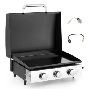 captiva designs 22 in flat top grill with ceramic coated cast iron pan, portable tabletop propane gas griddle grill for camping, outdoor & tailgating barbecue, 24,000 btu output, 3 burners