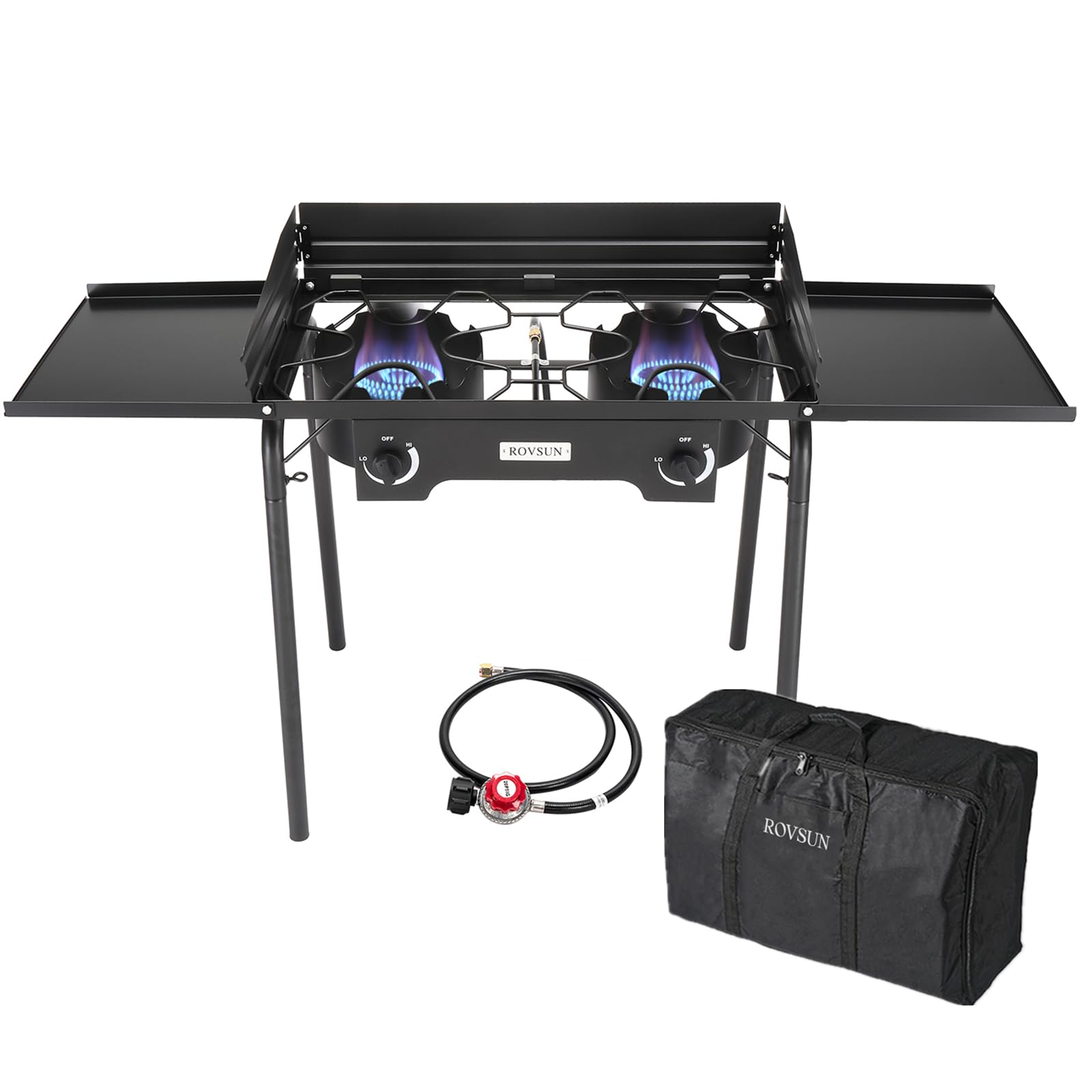 ROVSUN 2 Burner Outdoor Camping Stove with Wind Panel & Shelves, Heavy Sturdy Propane Burner, Gas Cooker with Detachable Legs & CSA Regulator & Carrying Bag for Home Camp Paito Cooking Frying Canning