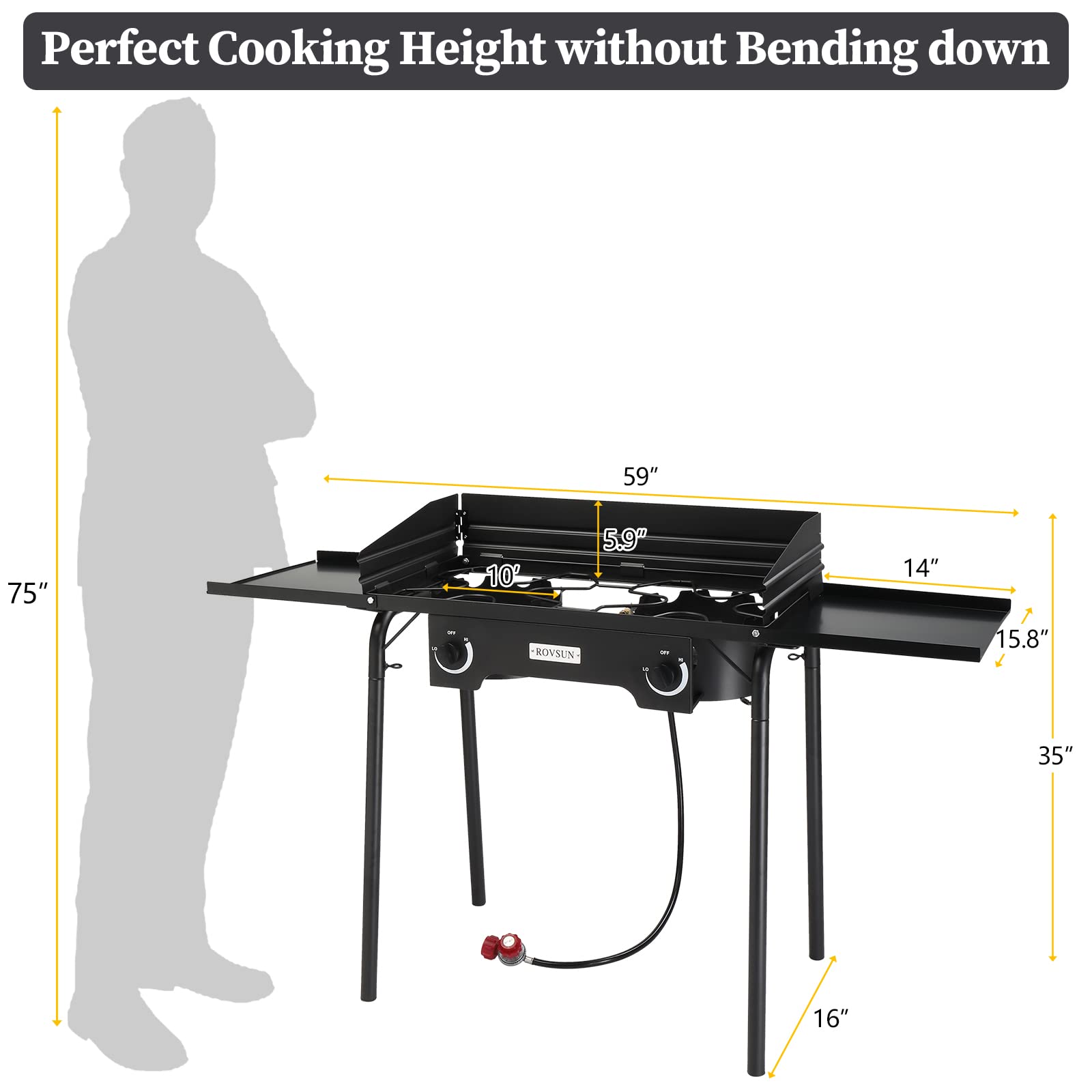 ROVSUN 2 Burner Outdoor Camping Stove with Wind Panel & Shelves, Heavy Sturdy Propane Burner, Gas Cooker with Detachable Legs & CSA Regulator & Carrying Bag for Home Camp Paito Cooking Frying Canning