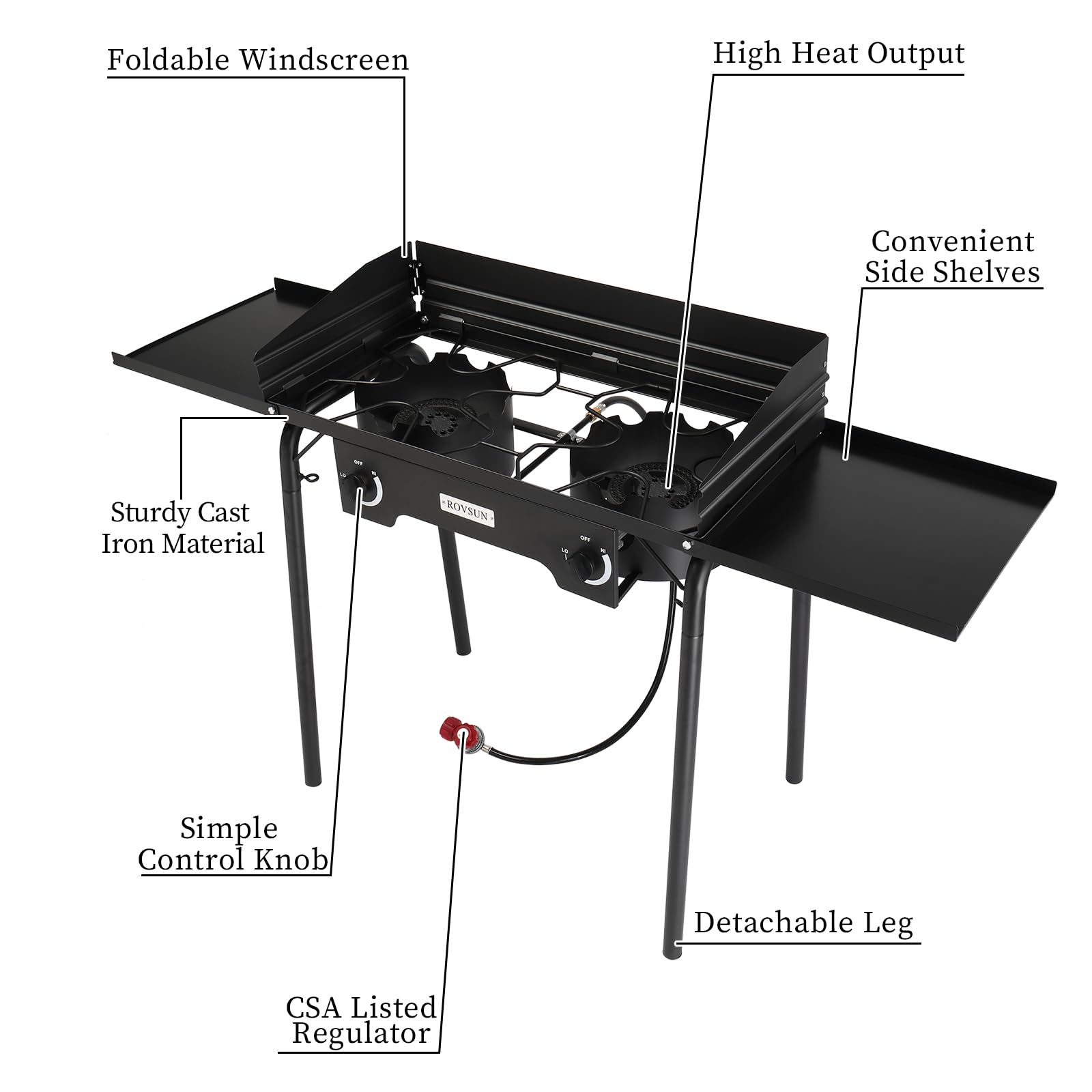 ROVSUN 2 Burner Outdoor Camping Stove with Wind Panel & Shelves, Heavy Sturdy Propane Burner, Gas Cooker with Detachable Legs & CSA Regulator & Carrying Bag for Home Camp Paito Cooking Frying Canning