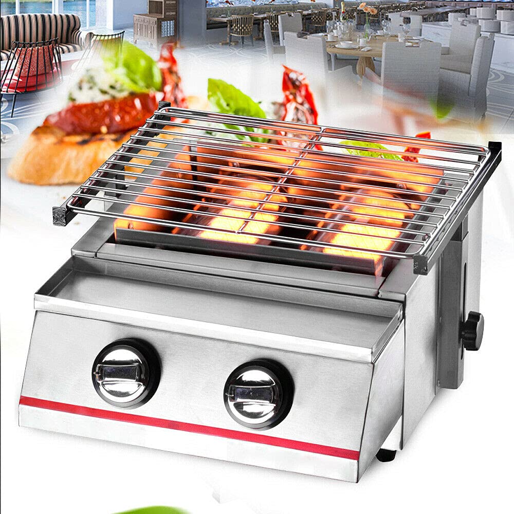 Smokeless Grill Indoor Tabletop LPG Grill Height Adjustable 2 Burners BBQ Stove Compact Protable Small Grill, 13.9"x16.53"x7.67",Stainless Steel Barbeque Stove Grill for Paties,RV Trip etc. (2 Burners)