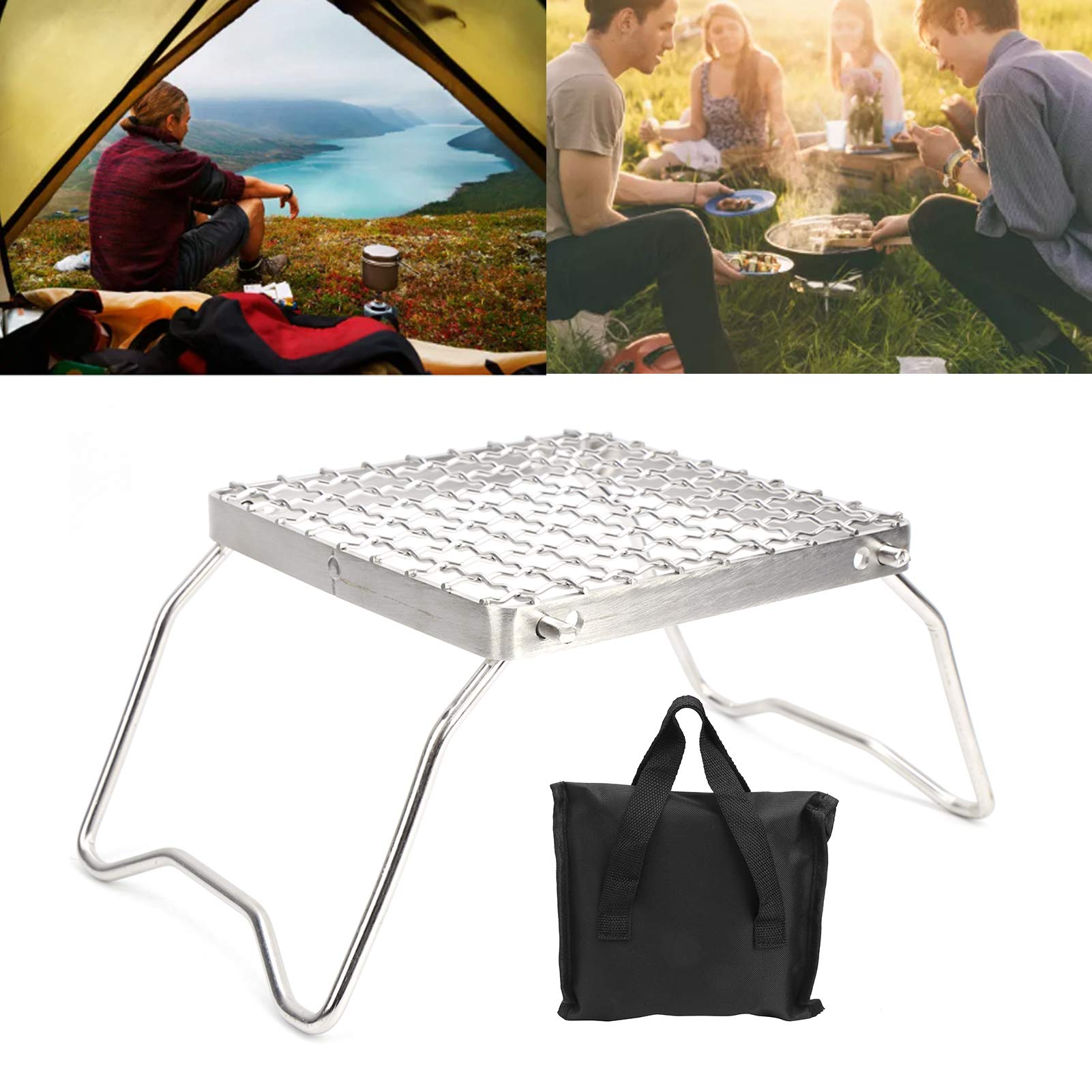 Portable Camping Grill Folding Grill Campfire Grill, 304 Stainless Steel Outdoor Grill Camping Cooking Portable Grill -Mesh Campfire Skillet Camp Grill with Carry Bag, for Barbecues/Picnics/Camping