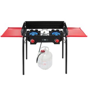 hike crew cast iron double-burner outdoor gas stove | 150,000 btu portable propane-powered cooktop with removable legs, temperature control knobs, wind panels, hose, regulator & storage carry case