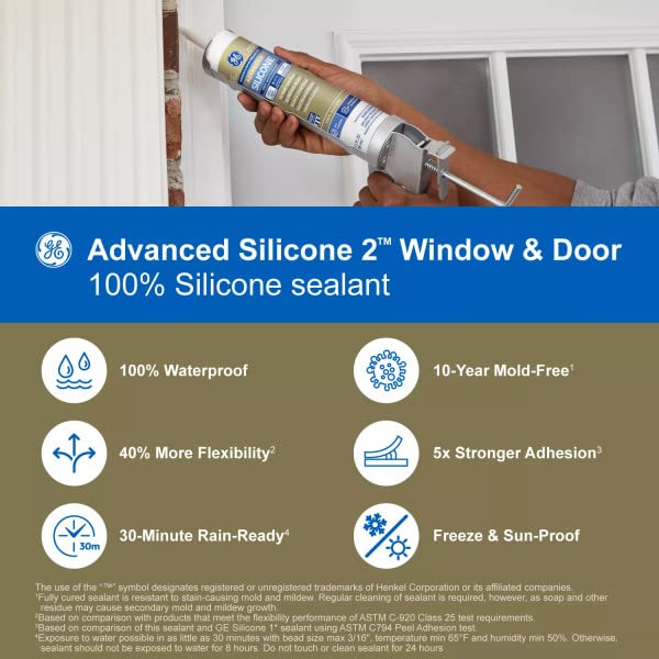 GE Advanced Silicone Caulk for Window & Door - 100% Waterproof Silicone Sealant, 5X Stronger Adhesion, Shrink & Crack Proof - 10 oz Cartridge, White, Pack of 1