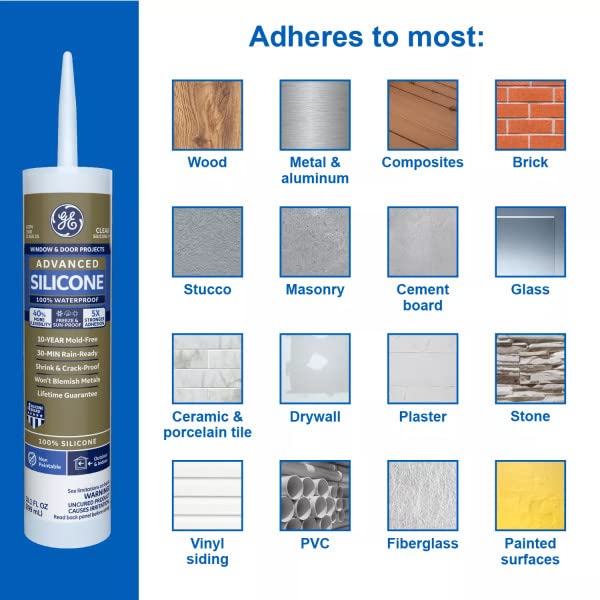 GE Advanced Silicone Caulk for Window & Door - 100% Waterproof Silicone Sealant, 5X Stronger Adhesion, Shrink & Crack Proof - 10 oz Cartridge, White, Pack of 1