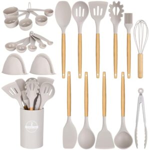 24 pcs kitchen cooking utensils set,446°f heat resistant non-stick silicone kitchen utensil set with wooden handles and holder,kitchen gadgets for cookware,kitchen accessories,khaki