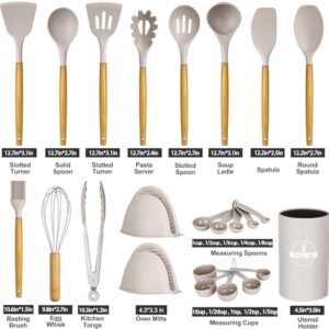 24 Pcs Kitchen Cooking Utensils Set,446°F Heat Resistant Non-Stick Silicone Kitchen Utensil Set With Wooden Handles and Holder,Kitchen Gadgets for Cookware,Kitchen Accessories,Khaki