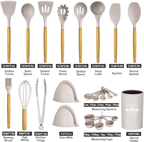 24 Pcs Kitchen Cooking Utensils Set,446°F Heat Resistant Non-Stick Silicone Kitchen Utensil Set With Wooden Handles and Holder,Kitchen Gadgets for Cookware,Kitchen Accessories,Khaki