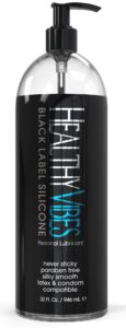 healthy vibes black label silicone personal lubricant -silicone based lube lasts long & easy to clean, water resistant, safe for most skin types, 32oz