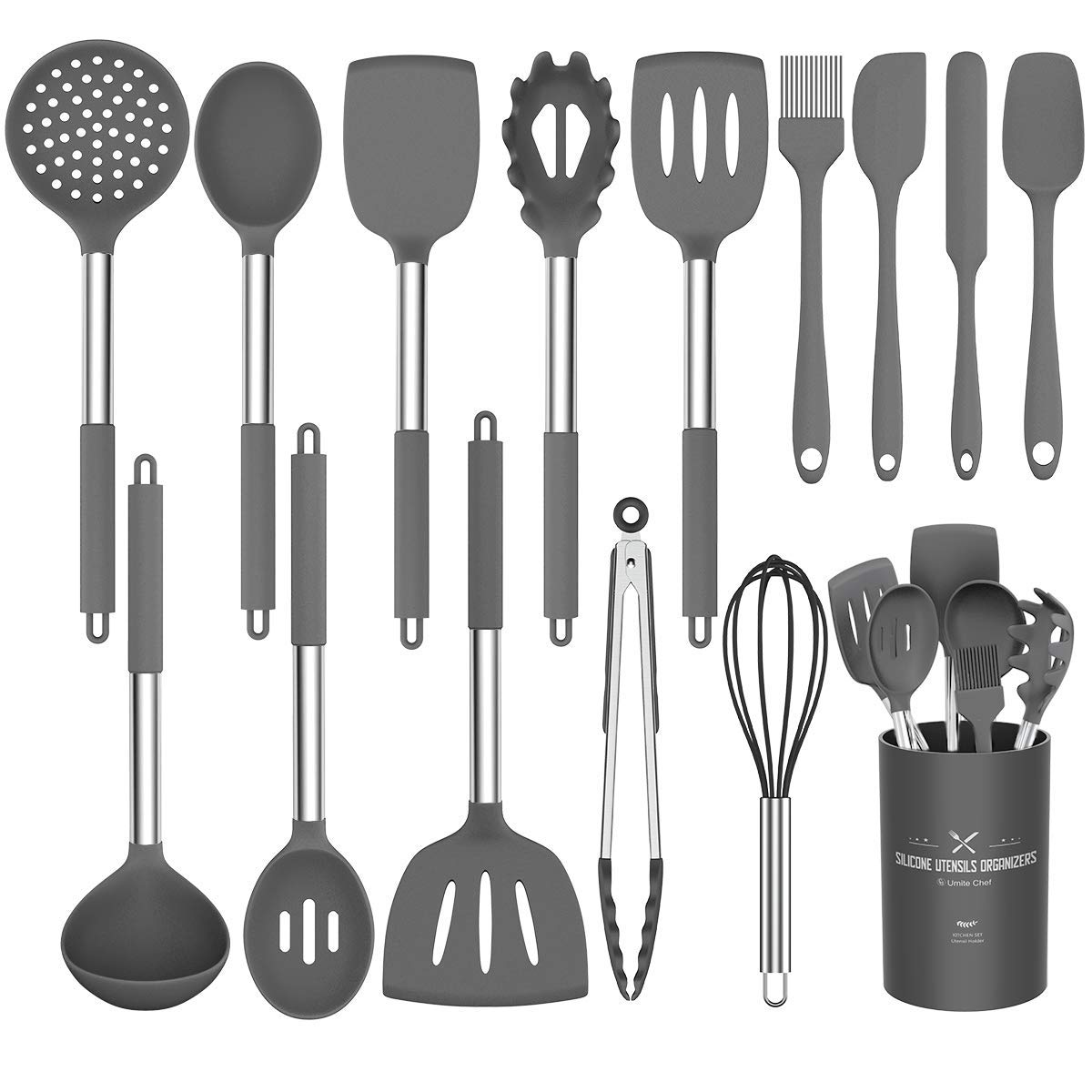 Silicone Cooking Utensil Set,Umite Chef Kitchen Utensils 15pcs Set Non-stick Heat Resistan BPA-Free Stainless Steel Handle Tools Whisk - Grey