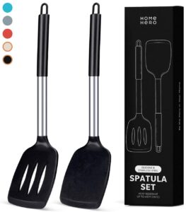 home hero silicone spatula set with ergonomic handles - stainless steel high heat resistant solid & slotted turner, bpa free non stick kitchen utensils set - rubber spatula for eggs (black)