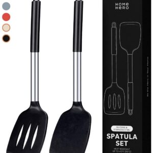 Home Hero Silicone Spatula Set with Ergonomic Handles - Stainless Steel High Heat Resistant Solid & Slotted Turner, BPA Free Non Stick Kitchen Utensils Set - Rubber Spatula for Eggs (Black)