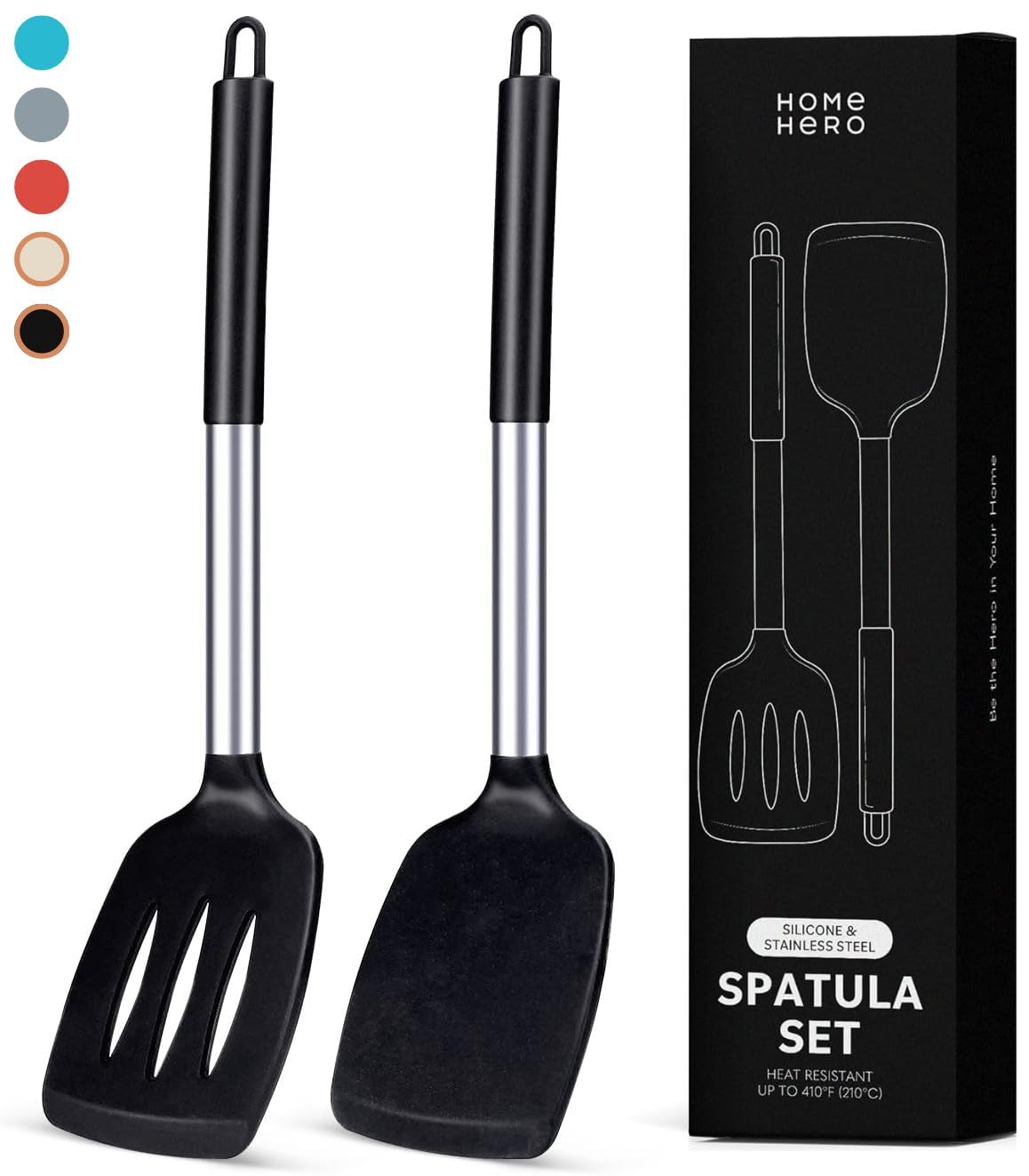 Home Hero Silicone Spatula Set with Ergonomic Handles - Stainless Steel High Heat Resistant Solid & Slotted Turner, BPA Free Non Stick Kitchen Utensils Set - Rubber Spatula for Eggs (Black)