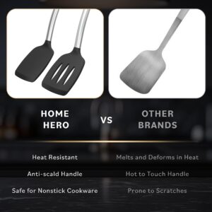 Home Hero Silicone Spatula Set with Ergonomic Handles - Stainless Steel High Heat Resistant Solid & Slotted Turner, BPA Free Non Stick Kitchen Utensils Set - Rubber Spatula for Eggs (Black)