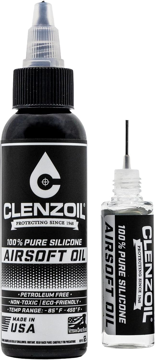 CLENZOIL Airsoft Oil | 100% Silicone Air Gun Oil & Airsoft Chamber Lube | All Purpose Airsoft Silicone Oil Lubricant for Airsoft Pistol & Air Rifle | 2 oz Bottle & 0.5 oz Needle Oiler Combo Pack