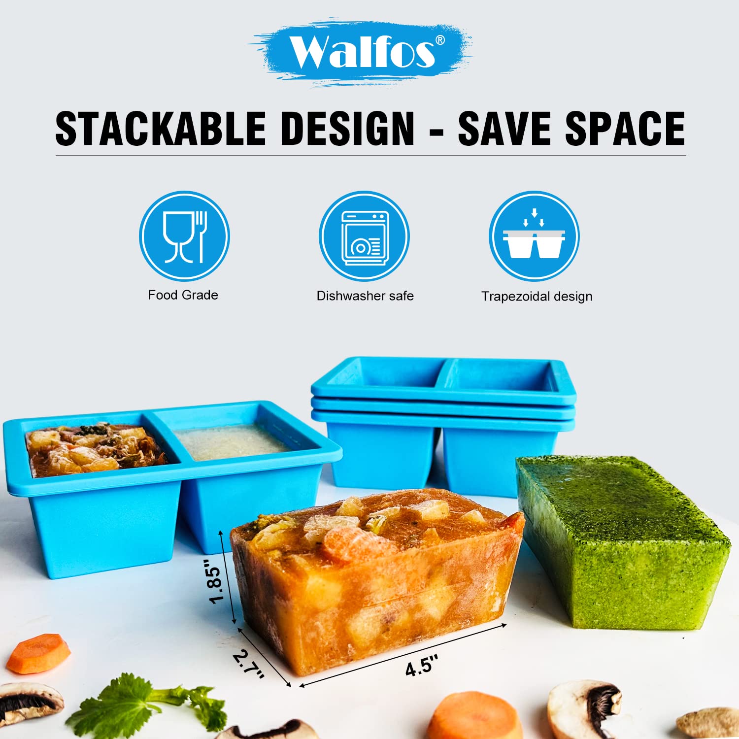 Walfos 1-Cup Silicone Freezer Molds with Lid, 4 Packs Soup Freezer Ice Cube Tray For Food, Silicone Food Freezing Container For Storing and Freezing Soup, Broth, Sauce and Ice.