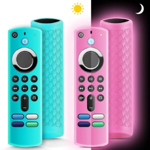 (2 pack) onebom silicone tv remote cover case, anti slip silicone protective control case cover with lanyard（glow pink&sky blue）