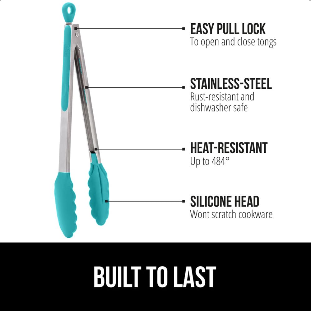 Gorilla Grip Stainless Steel Heat Resistant BBQ Kitchen Tongs Set, Non Scratch Silicone Tip for Nonstick Cooking Pans, Strong Grip for Grabbing Hot Food, Air fryer, Pull Lock, 9 and 12 Inch, Turquoise