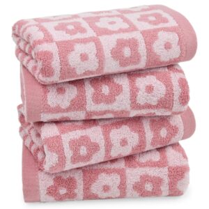 jacquotha cotton hand towels pink checkered floral - quick drying hand towel set of 4, gifts for women her girls, 29” x 13”