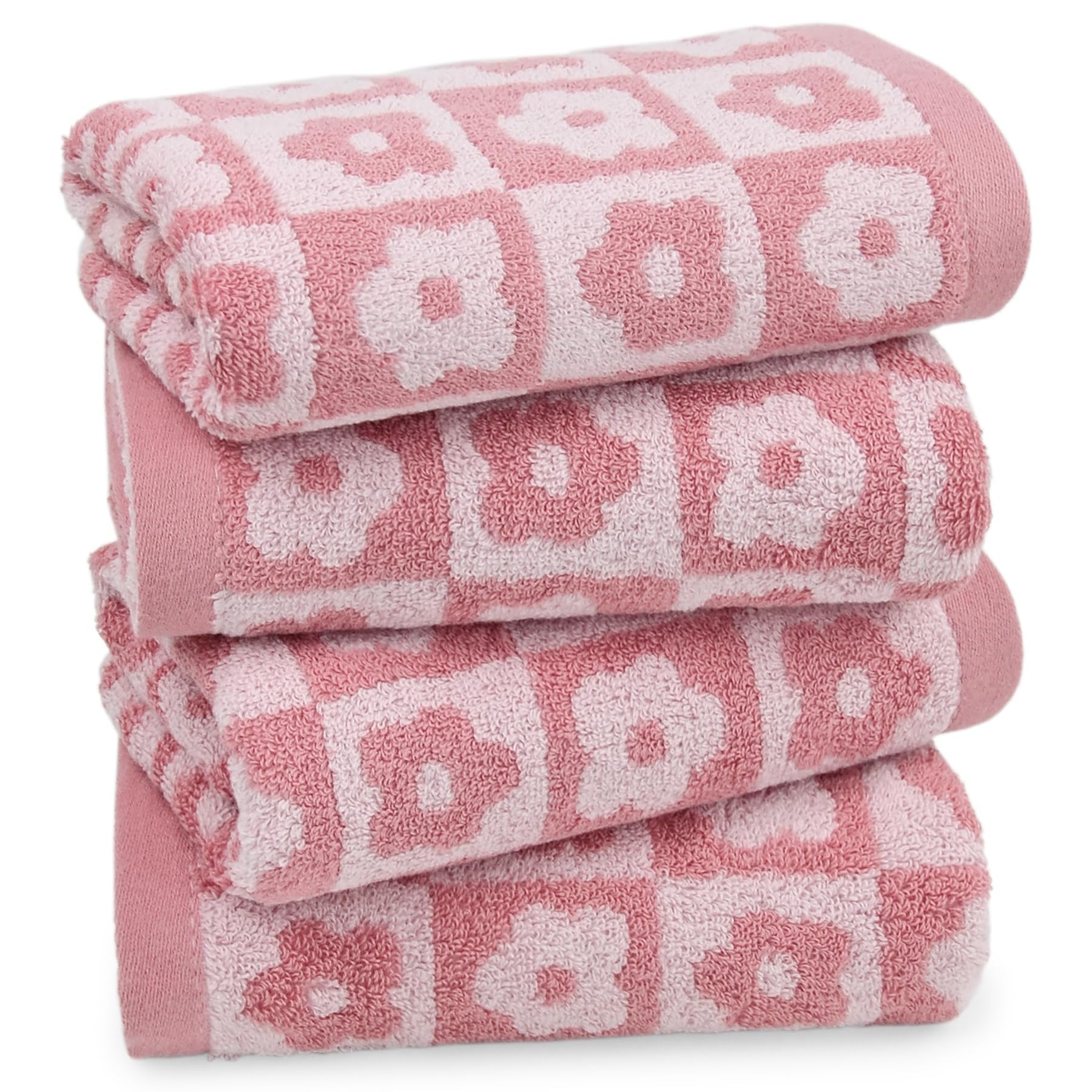 Jacquotha Cotton Hand Towels Pink Checkered Floral - Quick Drying Hand Towel Set of 4, Gifts for Women Her Girls, 29” x 13”