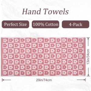 Jacquotha Cotton Hand Towels Pink Checkered Floral - Quick Drying Hand Towel Set of 4, Gifts for Women Her Girls, 29” x 13”