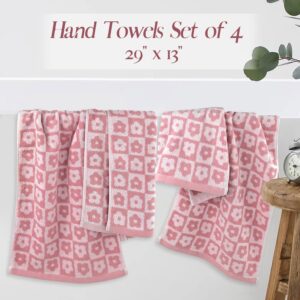 Jacquotha Cotton Hand Towels Pink Checkered Floral - Quick Drying Hand Towel Set of 4, Gifts for Women Her Girls, 29” x 13”