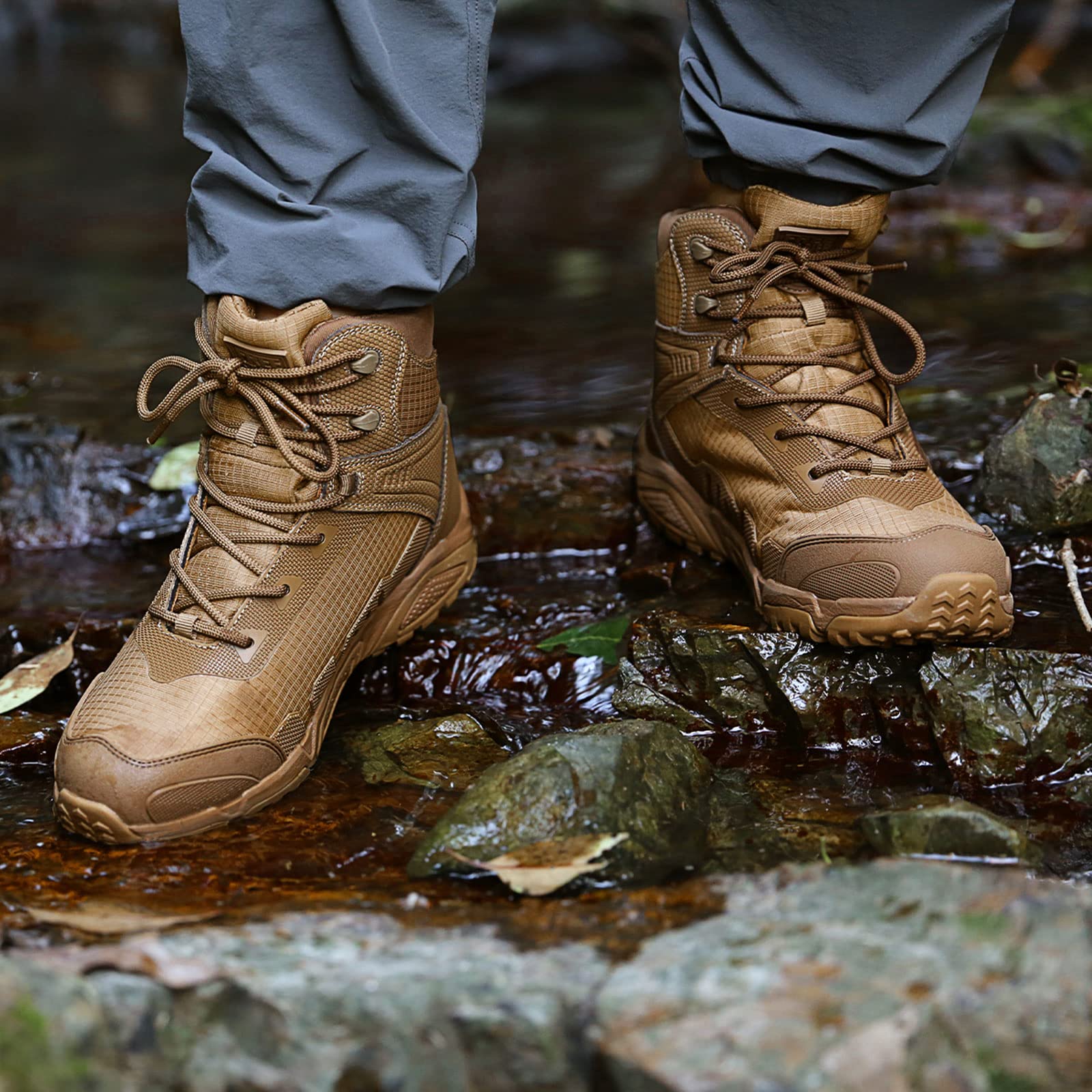 FREE SOLDIER Men's Waterproof Hiking Boots Lightweight Work Boots Military Tactical Boots Durable Combat Boots(Brown, 11 Wide US)