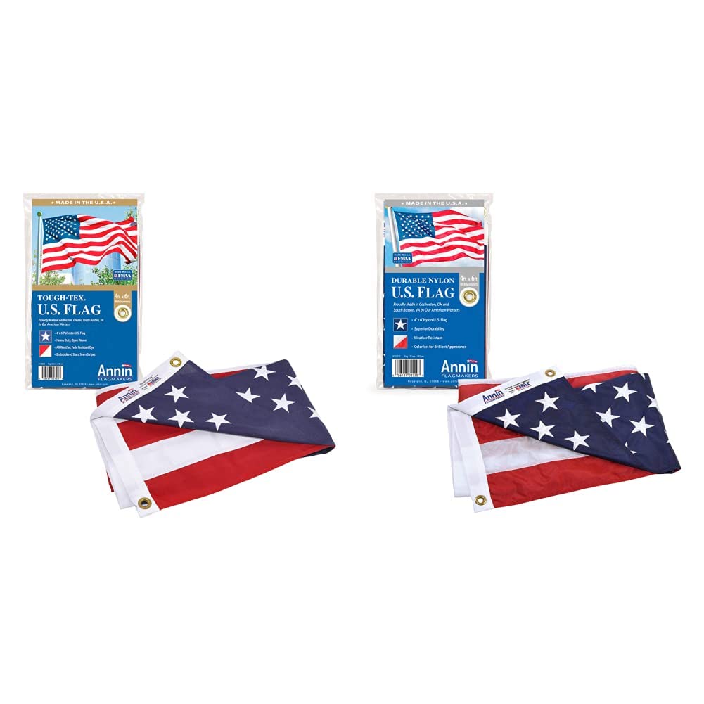 Annin Flagmakers American Flag Tough-Tex Polyester Flag & Model 2220 American Flag Nylon SolarGuard NYL-Glo, 4x6 ft, 100% Made in USA with Sewn Stripes, Embroidered Stars and Brass Grommets