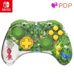 pdp realmz™ wireless nintendo switch pro controller, customizable led, 40 hour rechargeable battery power, 30 foot connection, officially licensed by nintendo: pikmin clover patch (green)