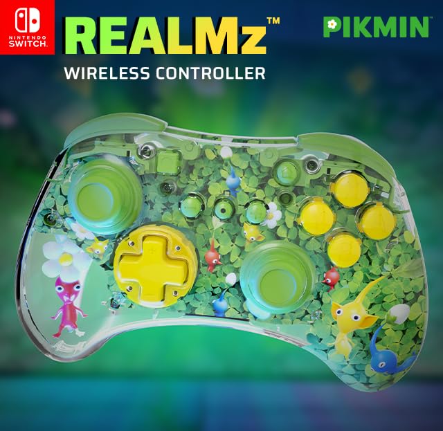 PDP REALMz™ Wireless Nintendo Switch Pro Controller, Customizable LED, 40 Hour Rechargeable Battery Power, 30 Foot Connection, Officially Licensed by Nintendo: Pikmin Clover Patch (Green)