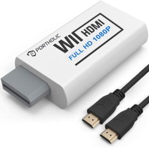 portholic wii to hdmi converter 1080p for full hd device, wii hdmi adapter with 3,5mm audio jack&hdmi output compatible with wii, wii u, hdtv, monitor-supports all wii display modes 720p, nts