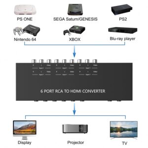 ZUZONG 6 Way RCA to HDMI Converter 1080P/720P RCA Composite CVBS AV Switch to HDMI Converter Adapter Support 4:3/16:9 Switch for Sega Xbox PS1 PS2 PS3 N64 NGC SNES WII VHS VCR Camera DVD