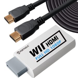 portholic wii to hdmi converter 1080p with 5ft/1.5m high speed hdmi cable wii2 hdmi adapter output video&audio with 3.5mm jack audio, support all wii display 720p, ntsc, compatible with hd device