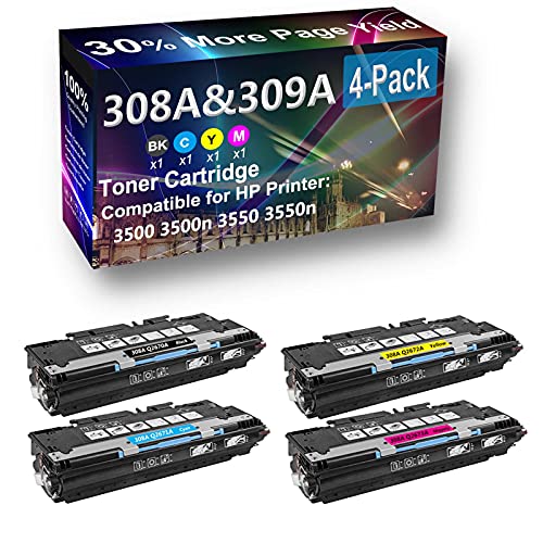 4-Pack (BK+C+Y+M) Compatible 3550 Printer Toner Cartridge High Capacity Replacement for HP (Q2670A Q2671A Q2672A Q2673A) 308A Toner Cartridge