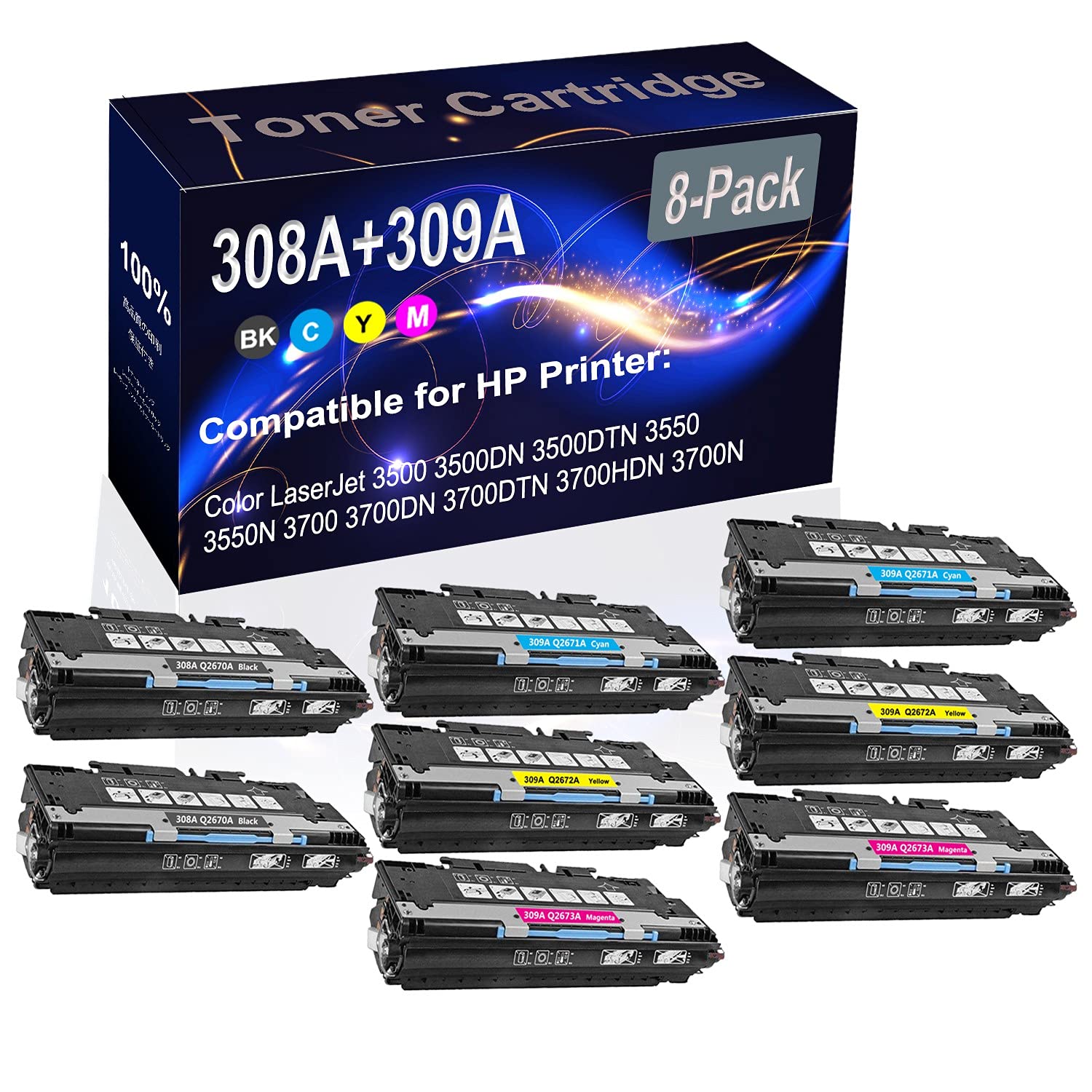 8-Pack (2BK+2C+2Y+2M) Compatible 3700DTN 3500DN 3500DTN 3550N 3700DN Laser Printer Toner Cartridge (High Capacity) Replacement for HP 308A 309A (Q2670A Q2671A Q2672A Q2673A) Printer Toner Cartridge