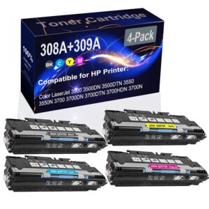 4-pack (bk+c+y+m) compatible 3700dtn 3500dn 3500dtn 3550n 3700dn laser printer toner cartridge (high capacity) replacement for hp 308a 309a (q2670a q2671a q2672a q2673a) printer toner cartridge