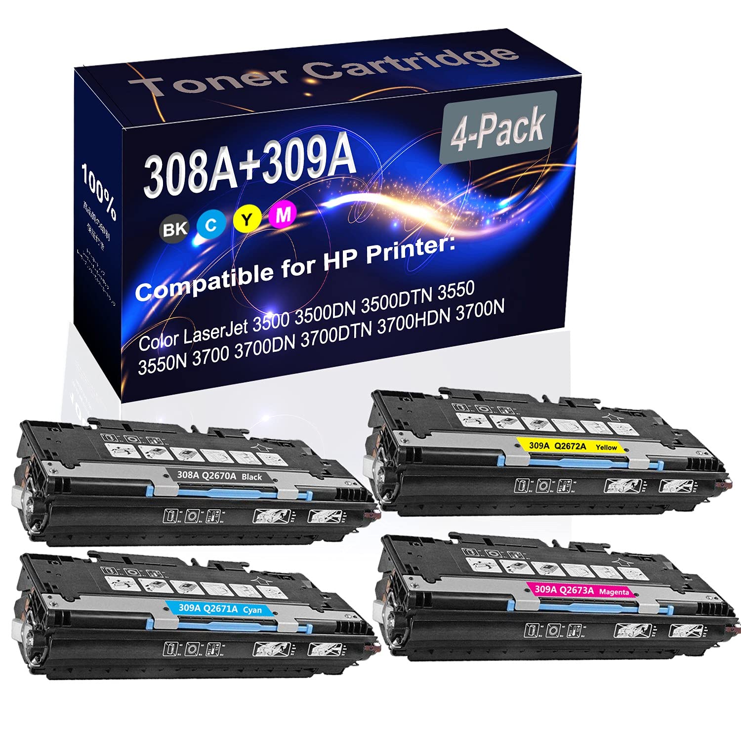 4-Pack (BK+C+Y+M) Compatible 3700DTN 3500DN 3500DTN 3550N 3700DN Laser Printer Toner Cartridge (High Capacity) Replacement for HP 308A 309A (Q2670A Q2671A Q2672A Q2673A) Printer Toner Cartridge