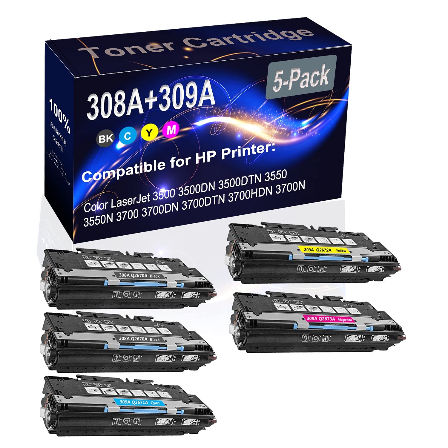 5-Pack (2BK+C+Y+M) Compatible 3700DTN 3500DN 3500DTN 3550N 3700DN Laser Toner Cartridge (High Capacity) Replacement for HP 308A 309A (Q2670A Q2671A Q2672A Q2673A) Printer Toner Cartridge