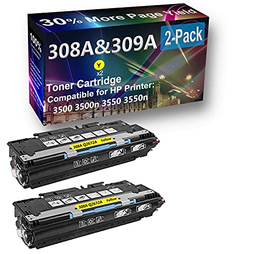 2-Pack (Yellow) Compatible High Yield 308A (Q2672A) Toner Cartridge use for HP 3550n Printer