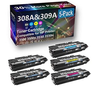 5-pack (2bk+c+y+m) compatible 3550 printer toner cartridge high capacity replacement for hp (q2670a q2671a q2672a q2673a) 308a toner cartridge