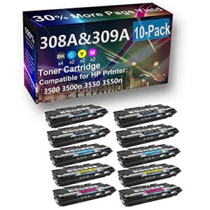 10-pack (4bk+2c+2y+2m) compatible 3550 printer toner cartridge high capacity replacement for hp (q2670a q2671a q2672a q2673a) 308a toner cartridge