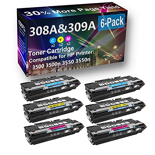 6-Pack (2C+2Y+2M) Compatible 3550 Printer Toner Cartridge High Capacity Replacement for HP (Q2671A Q2672A Q2673A) 308A Toner Cartridge