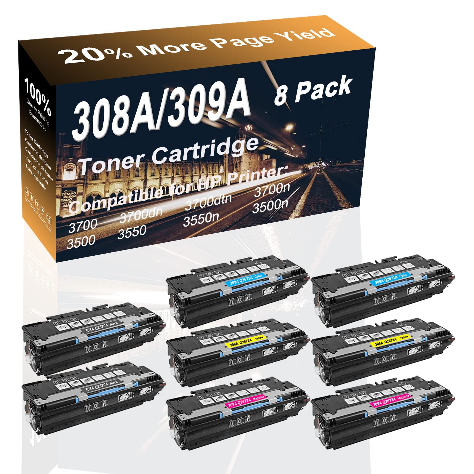 8-Pack (2BK+2C+2Y+2M) Compatible 3700dtn 3500 3550 Printer Toner Cartridge (High Capacity) Replacement for HP 308A/ 309A (Q2670A Q2671A Q2672A Q2673A) Laser Printer Toner Cartridge