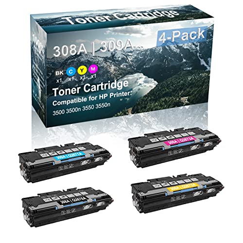 4-Pack (BK+C+Y+M) Compatible High Capacity 308A 309A | Q2670A Q2671A Q2672A Q2673A Toner Cartridge use for HP 3500 3500n 3550 3550n Printer