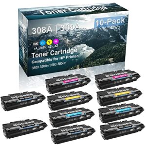 10-pack (4bk+2c+2y+2m) compatible 3500 3500n 3550 3550n printer toner cartridge high capacity replacement for hp 308a 309a | q2670a q2671a q2672a q2673a toner cartridge