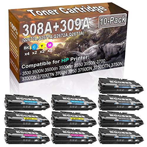 10-Pack (4BK/2C/2Y/2M) Compatible 3500 3500N 3500dn 3500dtn Color Toner Cartridge (High Capacity) Replacement for HP 308A 309A (Q2670A Q2671A Q2672A Q2673A) Printer Toner Cartridge