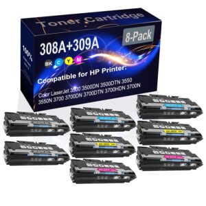 8-pack (2bk+2c+2y+2m) compatible high yield 308a 309a (q2670a q2671a q2672a q2673a) printer toner cartridge use for hp 3500 3500dn 3500dtn 3550 3550n 3700 3700dn printers