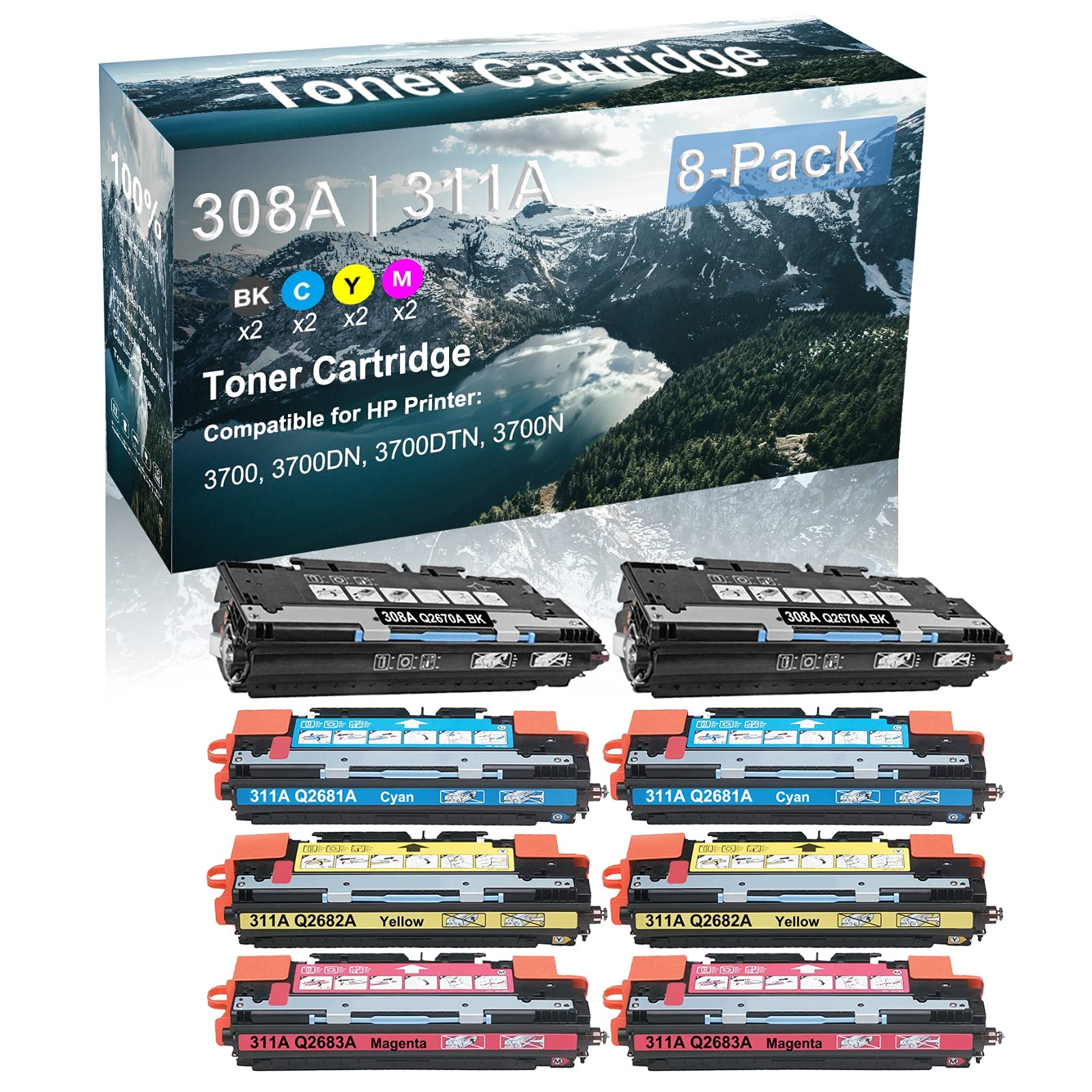 8-Pack (2BK+2C+2Y+2M) Compatible High Yield 308A 311A | Q2670A Q2681A Q2682A Q2683A Laser Printer Toner Cartridge use for HP 2500L 2500N Printer